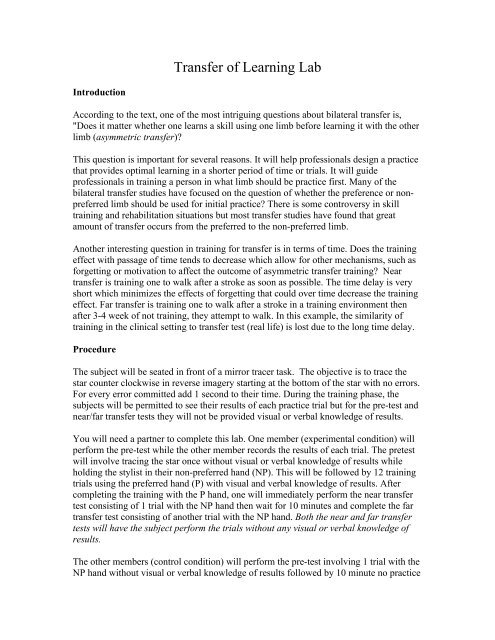 Transfer of Learning Lab