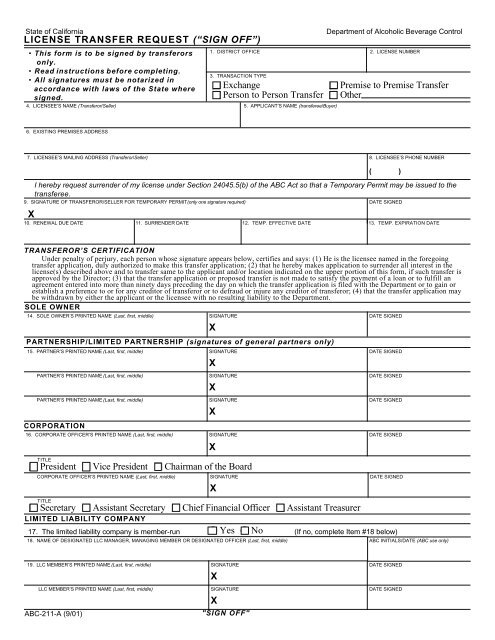 ABC-211-A, License Transfer Request ("Sign Off") - Department of ...