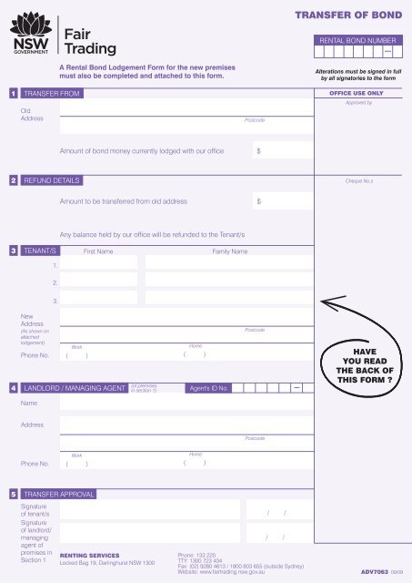 TRANSFER OF BOND - NSW Fair Trading