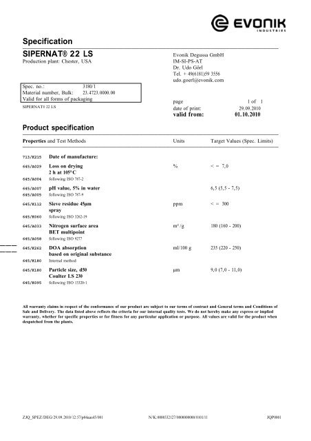 Specification SIPERNAT® 22 LS