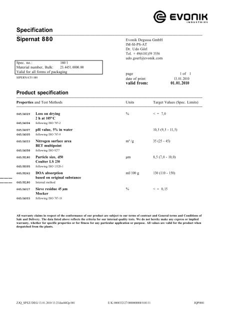 Specification Sipernat 880