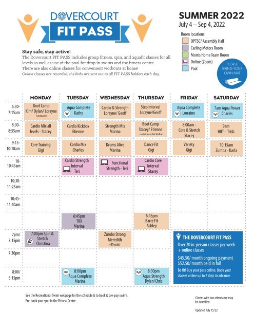 Dovercourt Summer 2022 FIT PASS schedule