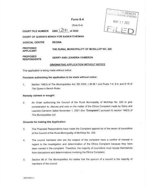 Court application RM MckIllop re Gerry and Leandra Cameron Complaint ...