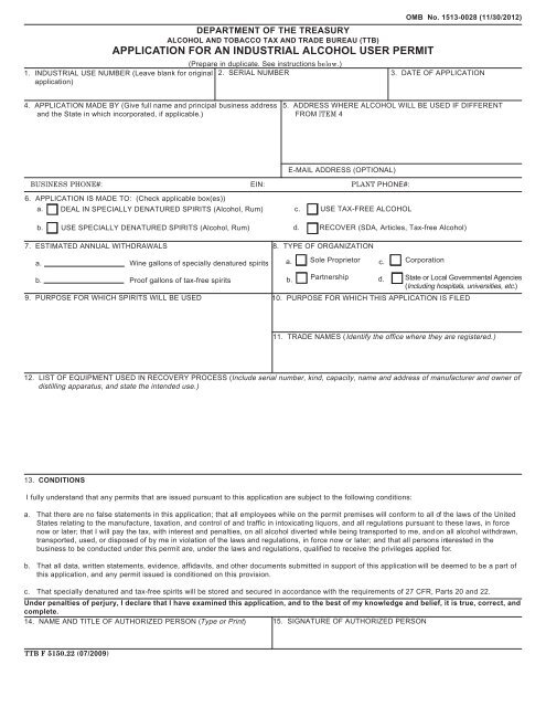 APPLICATION FOR AN INDUSTRIAL ALCOHOL USER PERMIT - TTB