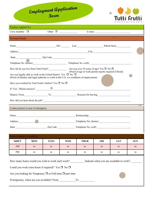 Employment Application Form - Tutti Frutti Frozen Yogurt