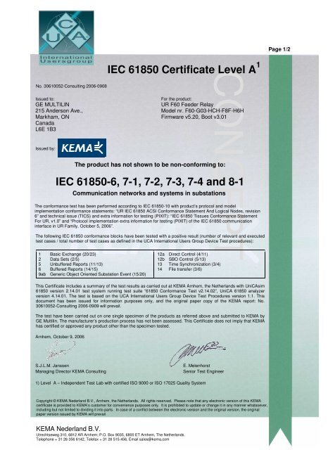 IEC 61850 Certificate Level A - GE Digital Energy