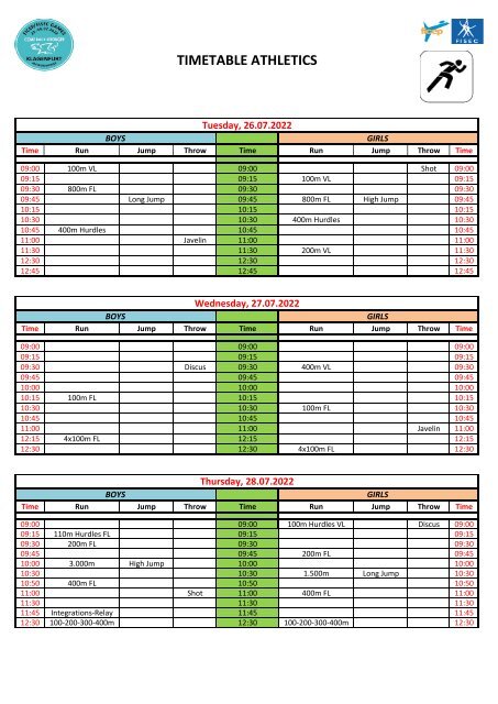 Timetable Athletics
