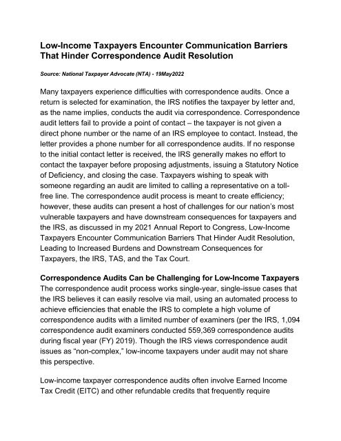 Low Income Taxpayers Encounter Communication Barriers on IRS ...