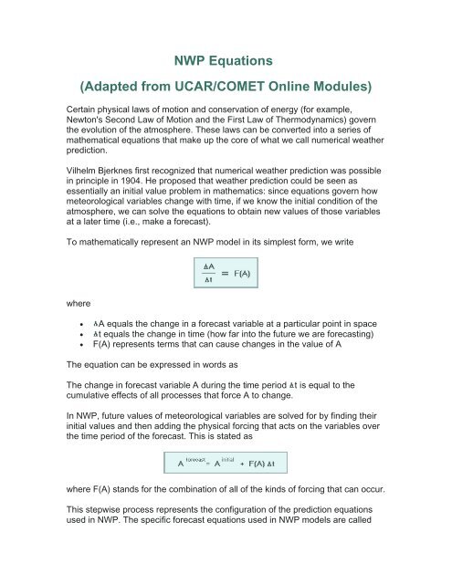NWP Equations (Adapted from UCAR/COMET Online Modules)