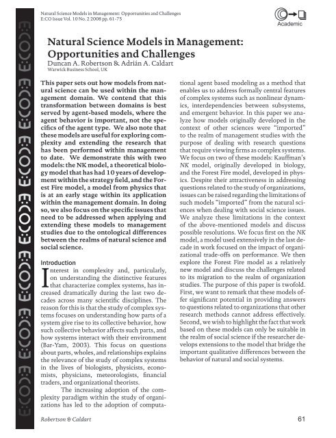 Natural Science Models in Management - Dr Duncan A. Robertson