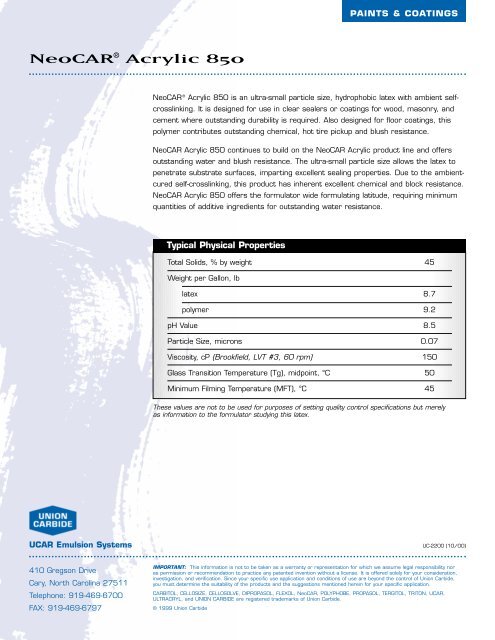 NeoCAR® Acrylic 850 - Arkema Inc.