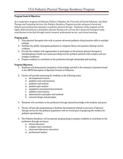 UCA Pediatric Physical Therapy Residency Program Goals