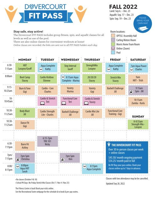 Dovercourt Fall 2022 FIT PASS SCHEDULE FLYER