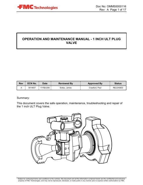 operation and maintenance manual - 1 inch ult plug valve