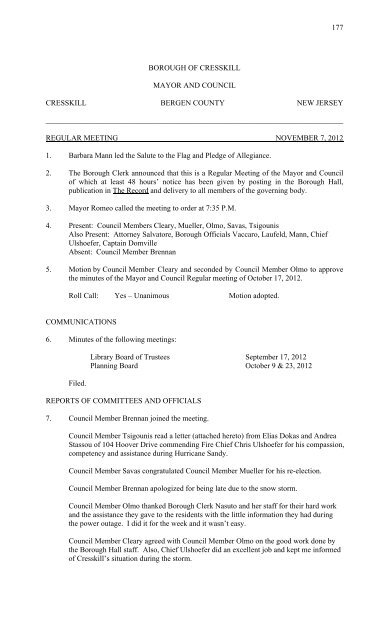 View Minutes - Borough of Cresskill