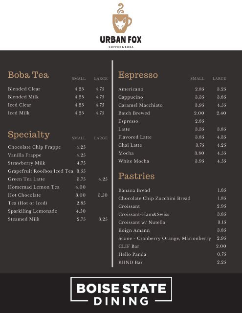 Urban Fox Menu