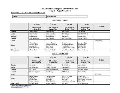 Ministry Schedule - St. Columban Church