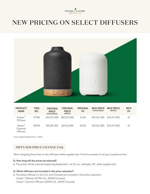 New, permanently reduced prices on select diffusers
