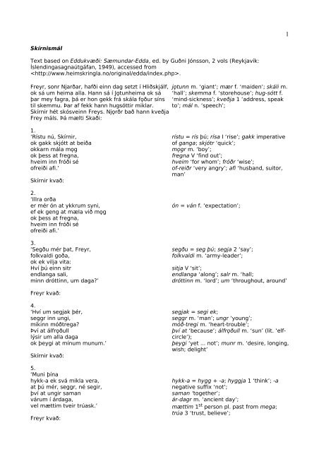 Skírnismál Text based on Eddukvæði: Sæmundar-Edda ... - Alaric Hall