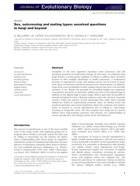 Sex, outcrossing and mating types - Université Paris-Sud