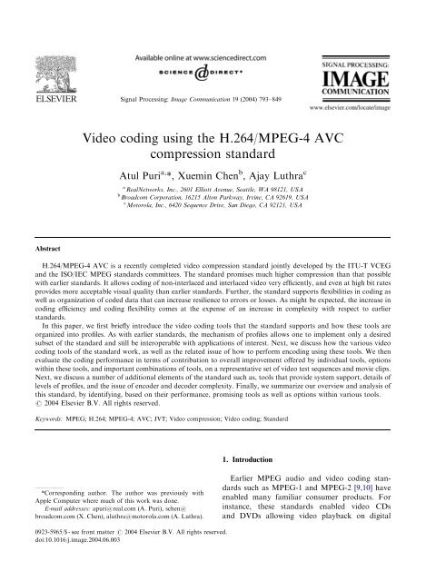 Video Coding Using The H 264 Mpeg 4 Avc Compression Standard
