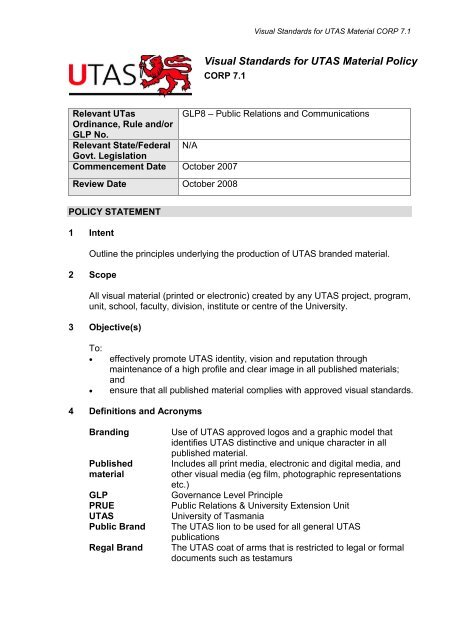 Visual Standards for UTAS Material Policy - University of Tasmania