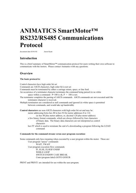 ANIMATICS SmartMotor™ RS232/RS485 Communications Protocol