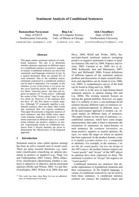 Sentiment Analysis of Conditional Sentences - Computer Science