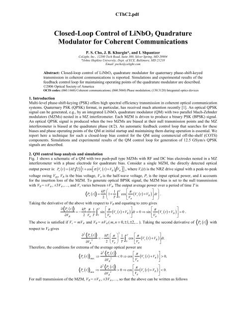 Closed-Loop Control of LiNbO3 Quadrature Modulator for ... - CeLight