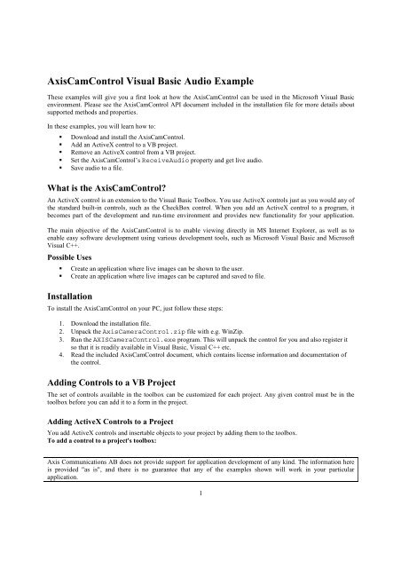 AxisCamControl Visual Basic Audio Example - Axis Communications