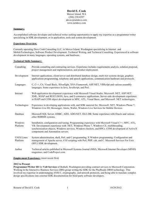 Download Dave's current resume - Dave Cook Consulting