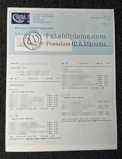 George Brown College transcript with original paper