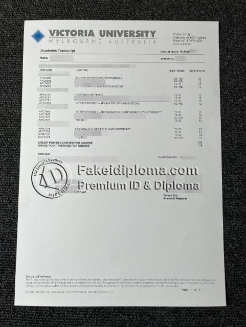 Victoria University academic transcript