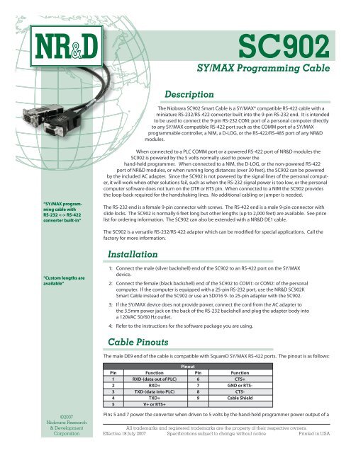 SY/MAX Programming Cable - Niobrara R&D Corporation