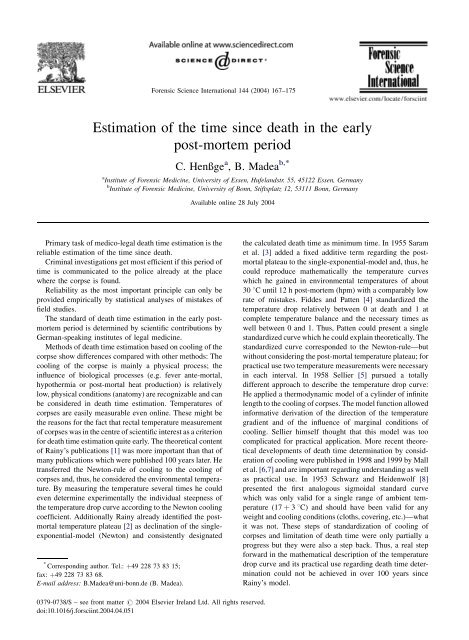 Estimation of the time since death in the early post-mortem period