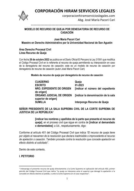 MODELO RECURSO QUEJA POR DENEGATORIA RECURSO DE CASACIÓN - AUTOR JOSÉ MARÍA PACORI CARI