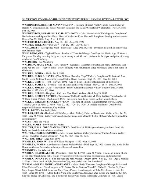 SILVERTON, COLORADO HILLSIDE CEMETERY BURIAL NAMES ...