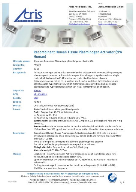 Recombinant Human Tissue Plasminogen Activator (tPA Human)