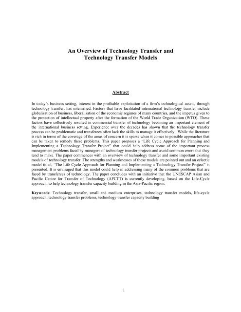 An Overview of Technology Transfer and Technology Transfer Models