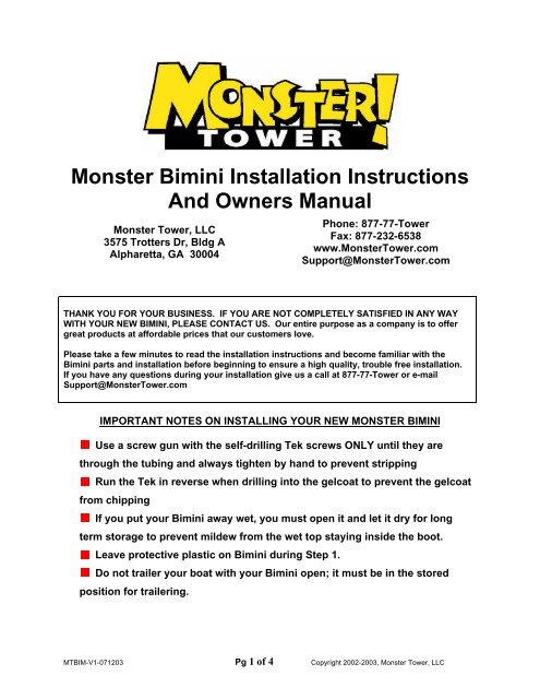 Monster Bimini Installation Instructions And Owners ... - Monster Tower