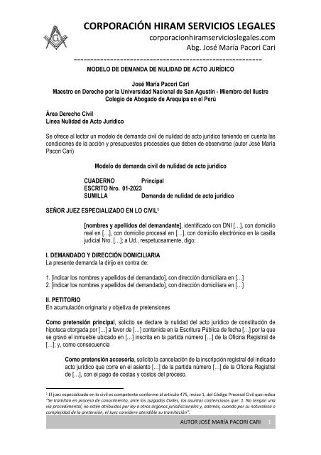 Modelo De Demanda De Nulidad De Acto JurÍdico Autor JosÉ MarÍa Pacori Cari