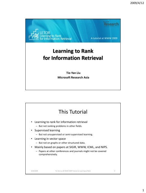 Learning To Rank For Information Retrieval This Tutorial