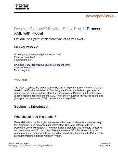 Develop Python/XML with 4Suite, Part 1: Process XML with ... - IBM