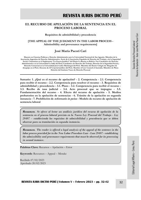 EL RECURSO DE APELACIÓN DE LA SENTENCIA EN EL PROCESO LABORAL - AUTOR JOSÉ MARÍA PACORI CARI