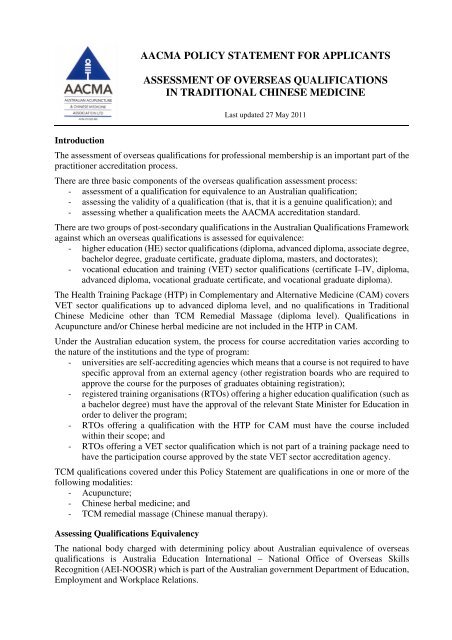 aacma policy statement for applicants assessment of overseas