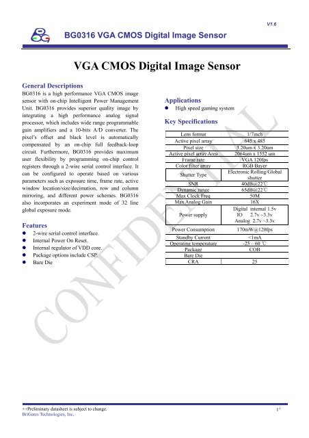 BG0316 VGA CMOS Digital Image Sensor