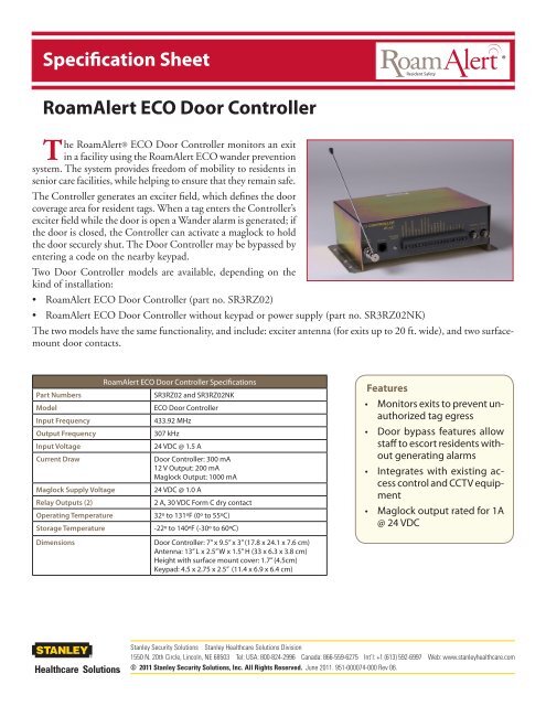 RoamAlert ECO Door Controller Specification Sheet - Stanley ...