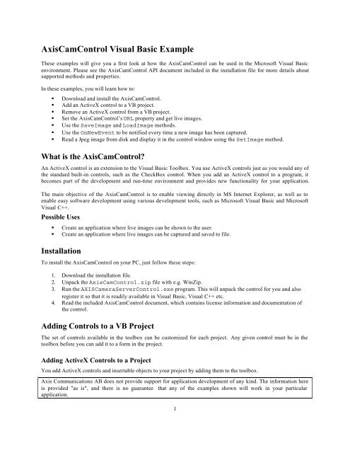 AxisCamControl Visual Basic Example - Axis Communications AxisCamControl Visual Basic Example - Axis Communications