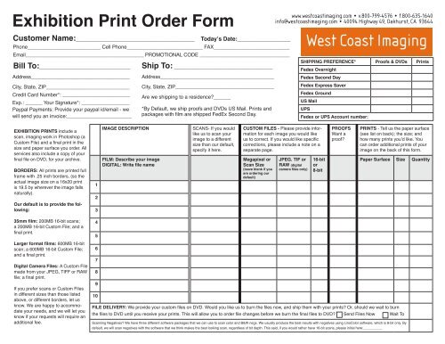 Exhibition Print Order Form - West Coast Imaging