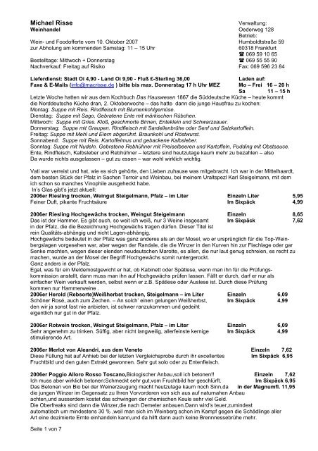Michael Risse - Risse Frankfurt Wein, Feinkost, Verkauf
